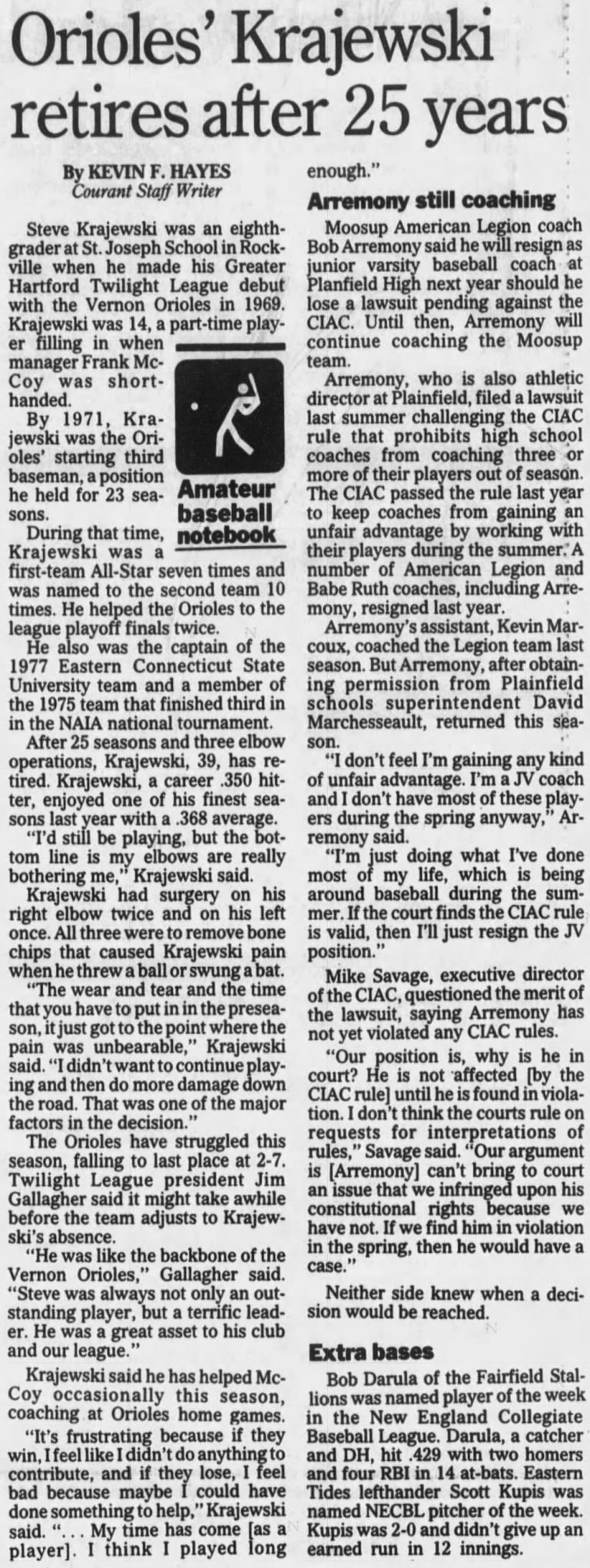 The Passing Of Vernon Orioles Great, Steve Krajewski – Greater Hartford ...